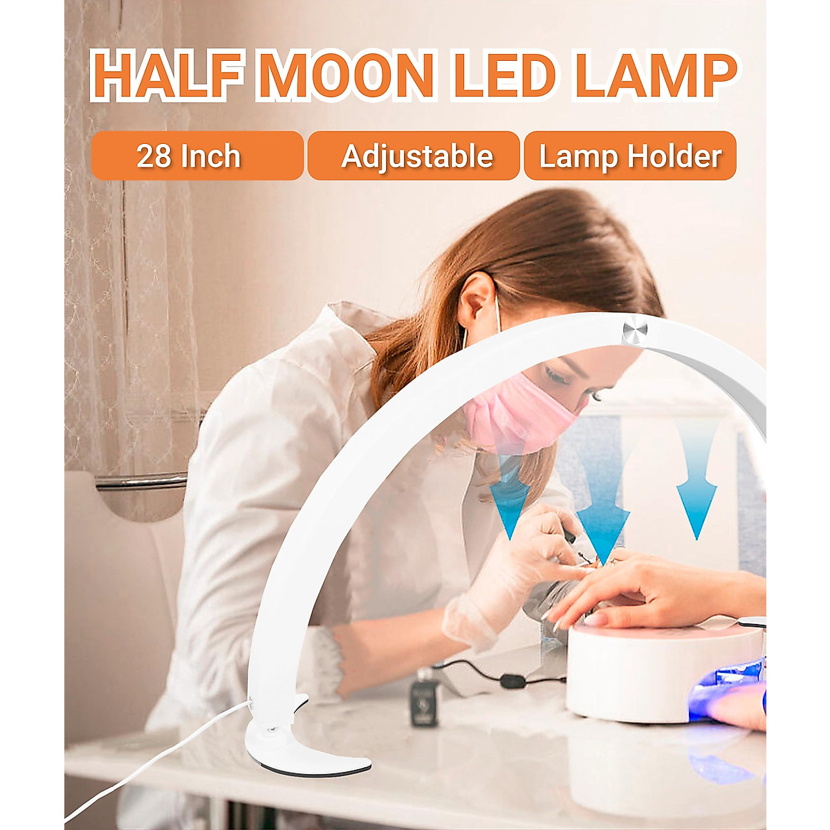 Jectse Half Moon Desk Lamp, 28 Inch Nail Desk Lamp LED Half Moon Light Nail Light with 10 Brightness and 7 Colors, Dimmable Half Moon Lamp for Nails Lash Extension Tattoo (US Plug)