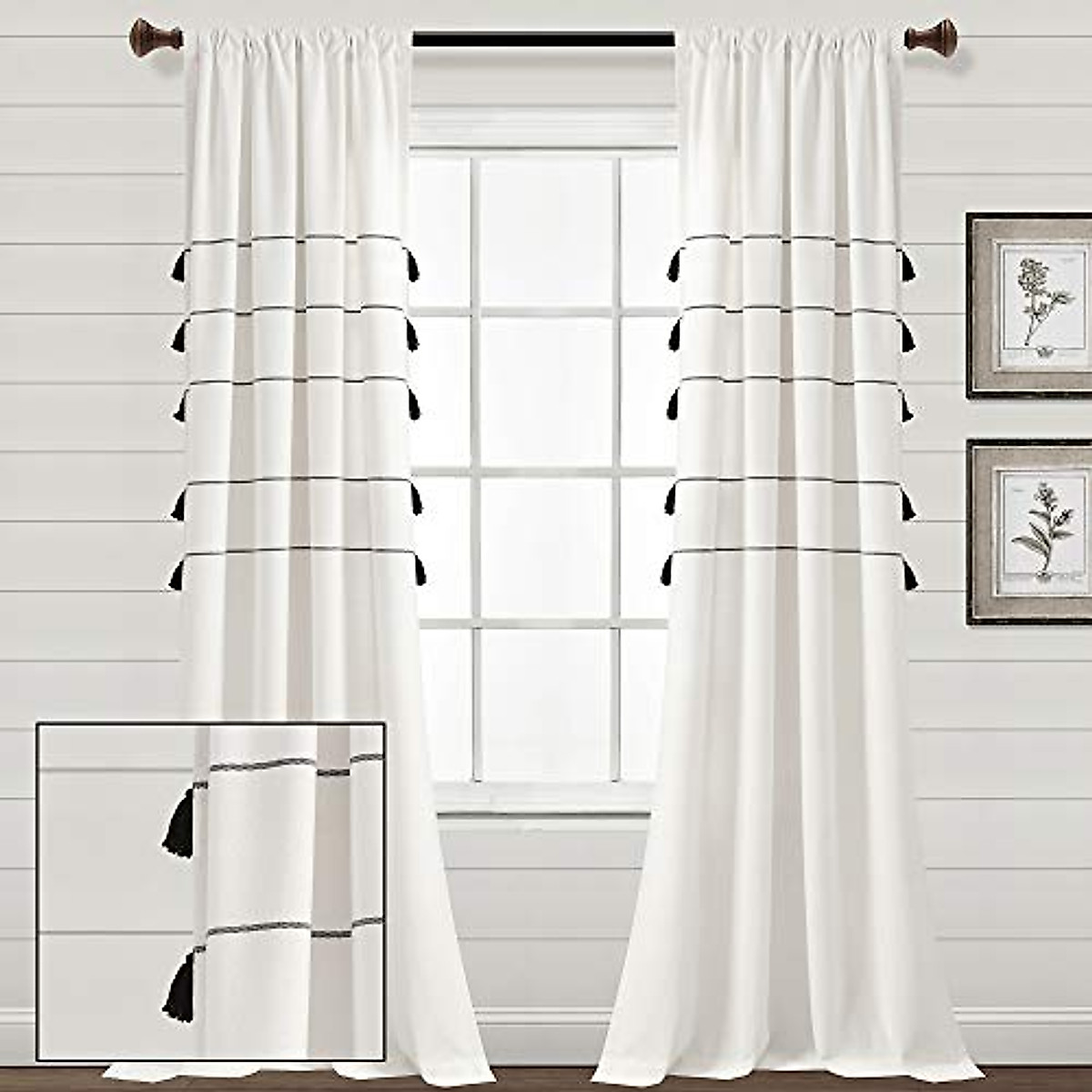 Lush Decor Farmhouse Boho Stripe Woven Tassel Yarn Dyed Cotton Window Curtain Panel Pair, 42" x 84" , Ivory & Black