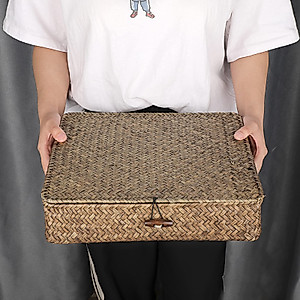 Hipiwe Flat Woven Wicker Basket Bins with Lid Seagrass Storage Basket Box Multipurpose Household Basket Bins Boxes for Shelf Wardrobe Organizer, Coffee Large