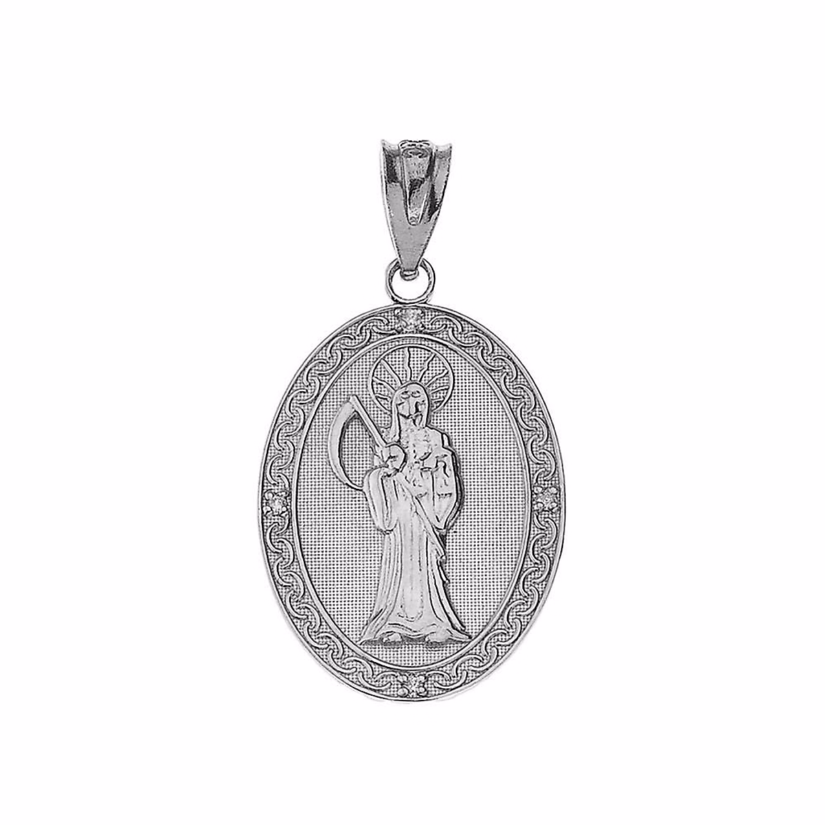 Fine 925 Sterling Silver CZ-Accented Santa Muerte (Grim Reaper) Oval Medal Pendant, 1.2"