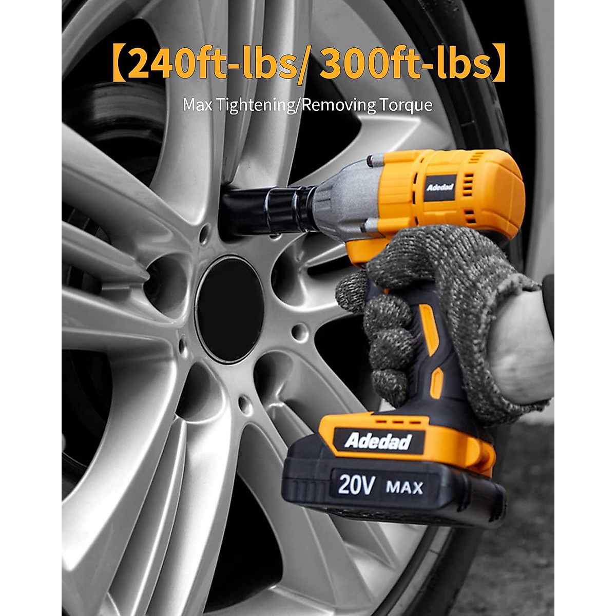 Adedad 20V Brushless 1/2 inch Cordless Impact Wrench with Battery, Fast Charger, LED Light - 240 ft-lbs Torque 3000 RPM