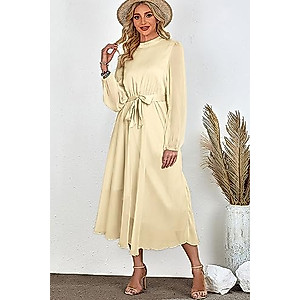 Dokotoo Womens Ladies Elegant Midi Dresses Sheer Long Sleeve Chiffon Elastic Waist A-Line Tie Waist Cocktail Evening Formal Dress for Women Fall Fashion 2023 Apricot Medium