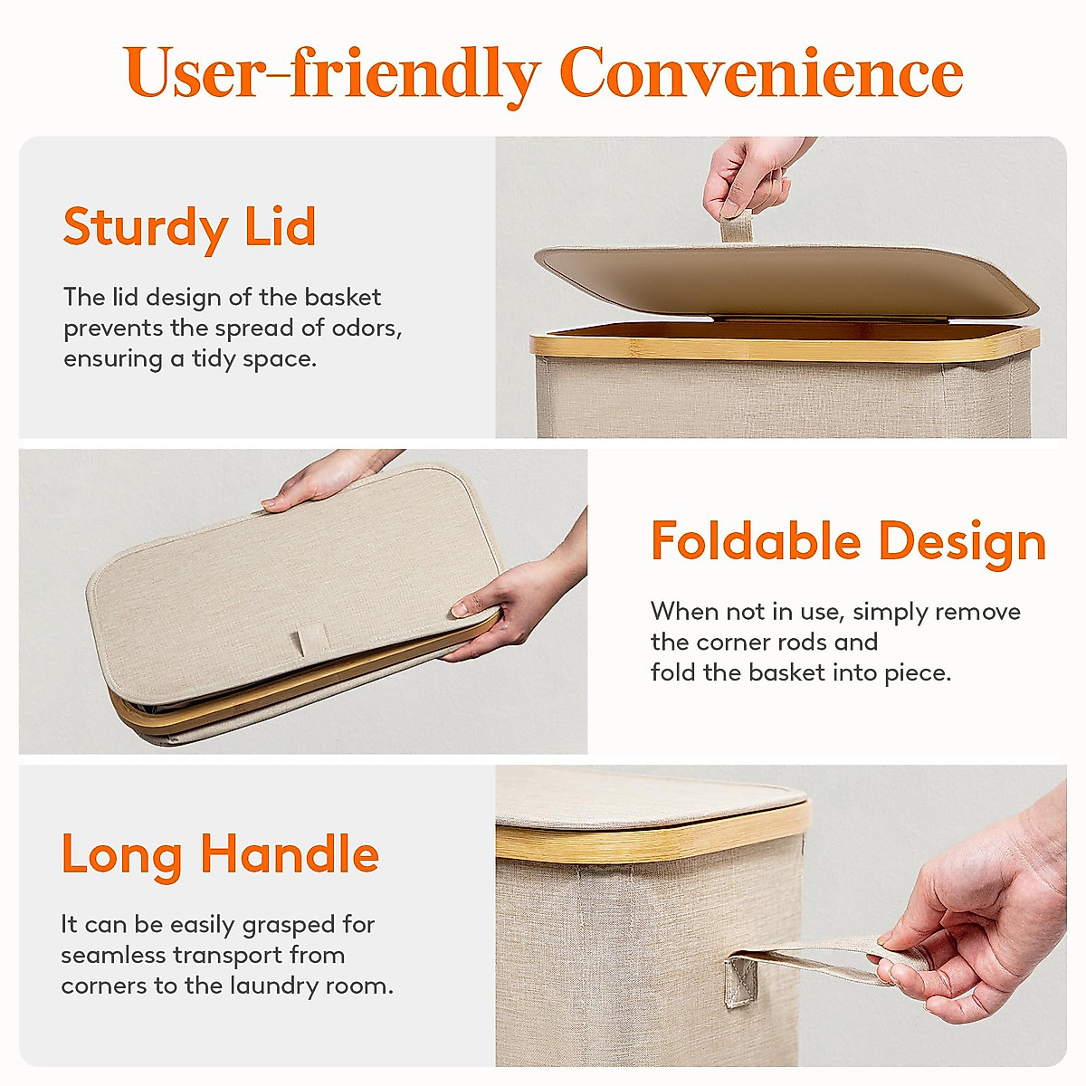 Lifewit 65L Slim Laundry Hamper with Lid, Narrow Laundry Basket with Removable Bag & Bamboo Handles, Fodable Thin Dirty Clothes Hamper for Laundry Collapsible Bin for Bathroom Bedroom Dorm, Beige