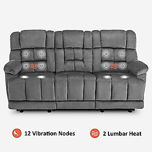 MCombo Power Reclining Sofa with Drop Down Table, Heat and Vibration, USB Ports, 3 Seat Dual Recliner Couch for Living Room RS6236 (Grey)