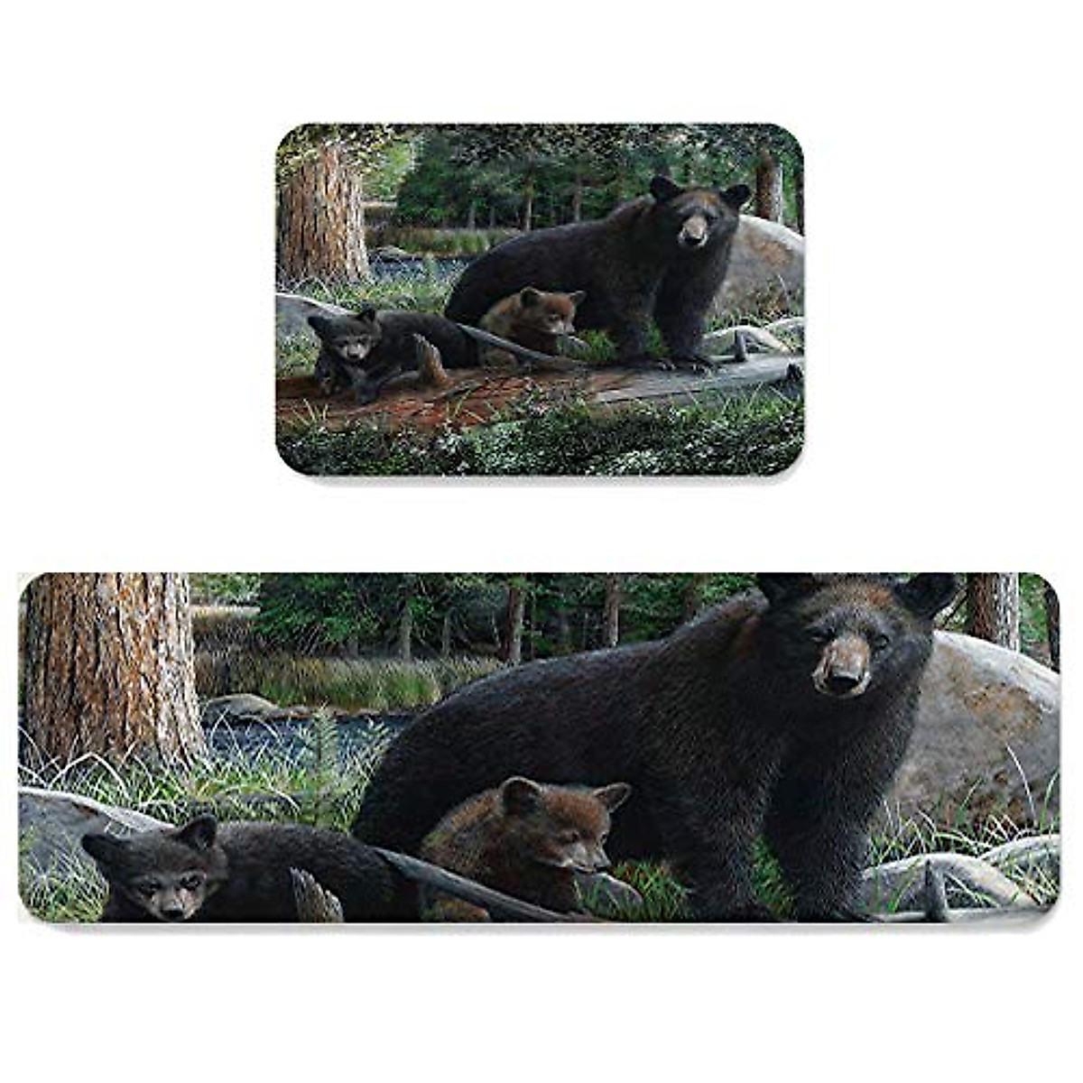 SUN-Shine Funny Rustic Black Bear Kitchen Rugs and Mats 2 Pieces,Cubs Family Theme Decorative Carpet Floor Mat for Home Holiday Runner Bathroom Non Slip Doormat