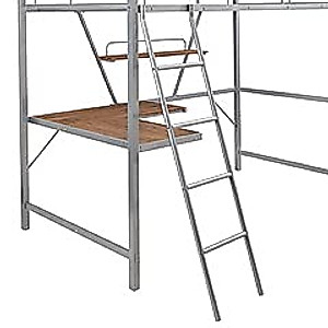 Metal Loft Bed with L-Shaped Desk and Shelf, Silver