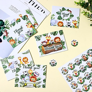 100 Pcs Safari Jungle Thank You Cards with Envelopes Stickers Forest Animals Greenery Greeting Note Cards Woodland Zoo Gratitude Card for Baby Shower Kids Birthday Party Supplies