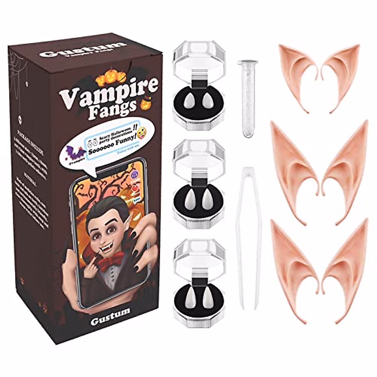 Gustum 3 Different Vampire Fangs Teeth with 1 Tube Teeth Pellets Adhesive, 3 pairs Fairy Pixie Elf Ears, Halloween Horror Party Cosplay Costumes Accessory Prop Decoration