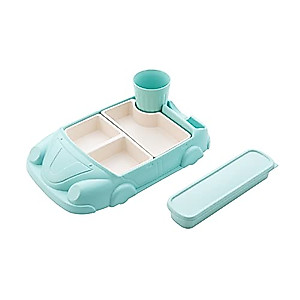 Kids garden Car Plate 8Pcs/Set Bamboo Children Dinnerware Sets - Dishwasher/Microwave Safe Includes Cutlery, Beautiful Plate, Separable Bowls & Cup Happy MealTime, Light Green, YK-001