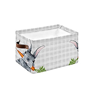 Easter Storage Bins with Handles, Bunny Carrot Watercolor Grey Plaid Storage Basket for Shelves, Cube Storage Organizer Bins for Toys, Closet (1 Pack, 15" x 11" x 9.5")
