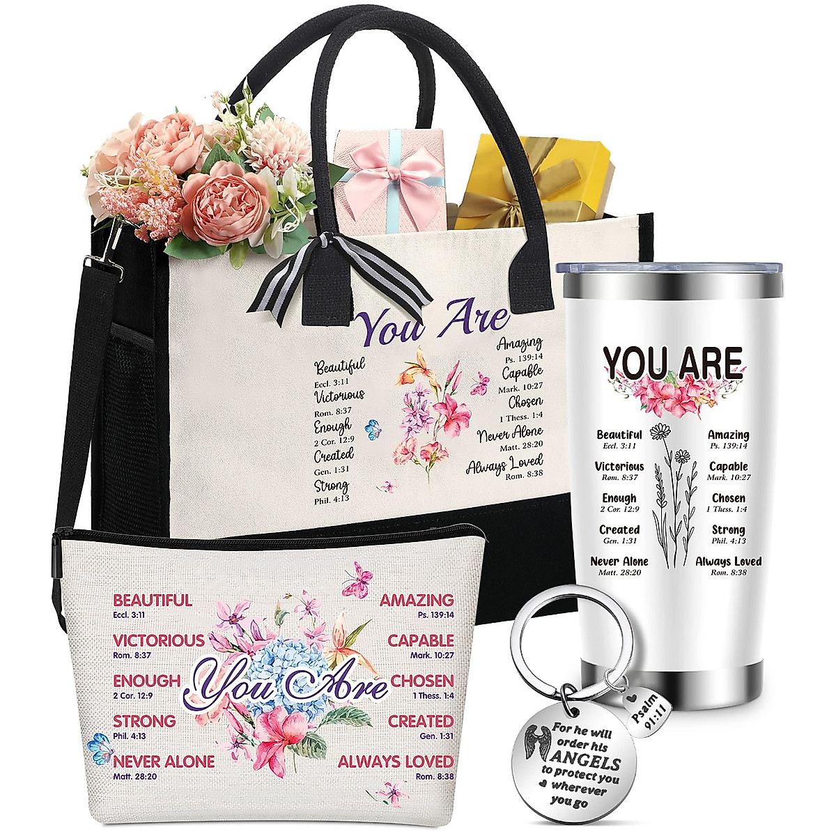 Aliceset 4 Pcs Mothers Day Christian Gifts for Women Include Inspiration Religious Tote Bag 20 oz Stainless Steel Tumbler Bible Verse Keychain Catholic Makeup Bag Birthday Gifts for Women(Floral)