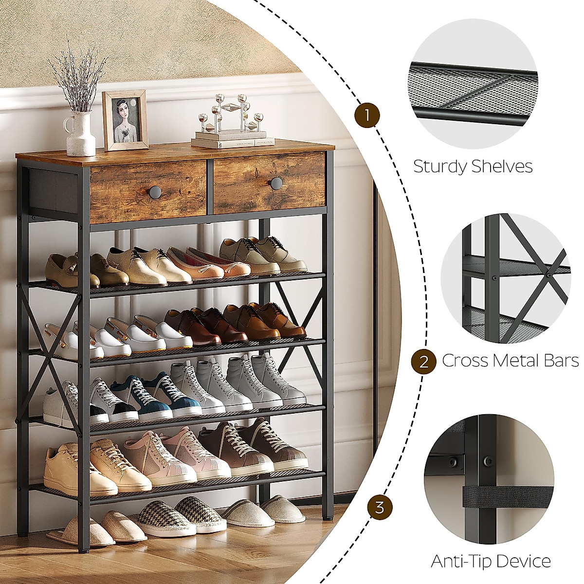 YATINEY 5 Tier Shoe Rack, Large Capacity Shoe Storage Organizer, Metal Shoe Shelf with Drawer and Wooden Top, for 16 Pairs of Shoes, for Entryway, Closet, Rustic Brown and Black SS25BR