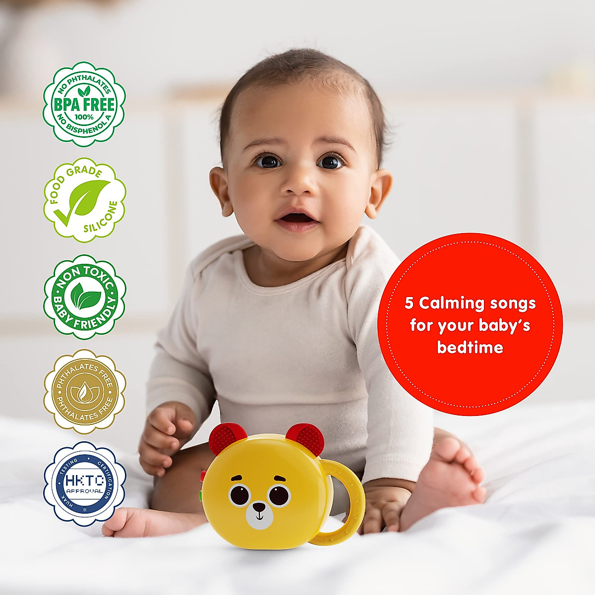 Teddy tunez Baby Toys Musical Toy Interactive Development Educational Kids Music Station Rattle Teething Safety Easy Hold Grab Sing Sensory (5 Lullaby Theme Songs Ver.)