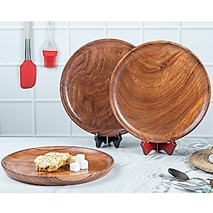 Wooden Plates, Teak Wood Dinner Plates, Round Serving Plate Set of 2, Cheese Plates Coffee Tea Serving Tray Fruit Platters Party Dinner Plates, Wood Plates for Snacks, 10 Inch