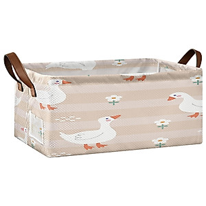 Exnundod Cute Goose Flowers Storage Bins Duck Stroage Basket with Metal Frames Collapsible Storage Bin with Handles Organizing Closet Blanket Toys, 1PC