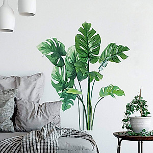 Leaf Wall Decals Monstera Leaf Tropical Plants Wall Stickers for Living Room, Palm Leaf Wall Posters Natural Green Plants Art Murals Vinyl Wallpaper for Bedroom Nursery Office