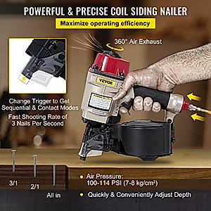 VEVOR Coil Siding Nailer CN55, 1 inch to 2-1/4-inch 15 Degree Pneumatic Siding Nail Gun for Siding Sheathing Wooding Fencing Decking