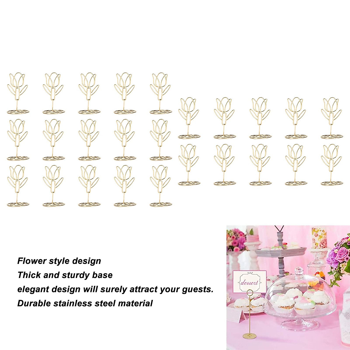 MANMAOHE 25Pcs Gold Table Number Holders Rose Flower Shaped Wire Picture Holder Small Size Table Card Holders Table Number Stands Photo Stand for Centerpieces Wedding Party Birthday