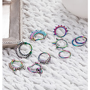 REVOLIA 9Pcs 16G Stainless Steel Septum Rings Clicker Ring Hoop Nose Ring Cartilage Helix Daith Tragus Earring Hinged Piercing C