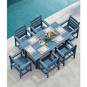SERWALL 7-Piece Patio Dining Table Sets, Outdoor HDPE Dining Furniture Set with Umbrella Hole Cut-Out Table and 6 Chairs, Blue