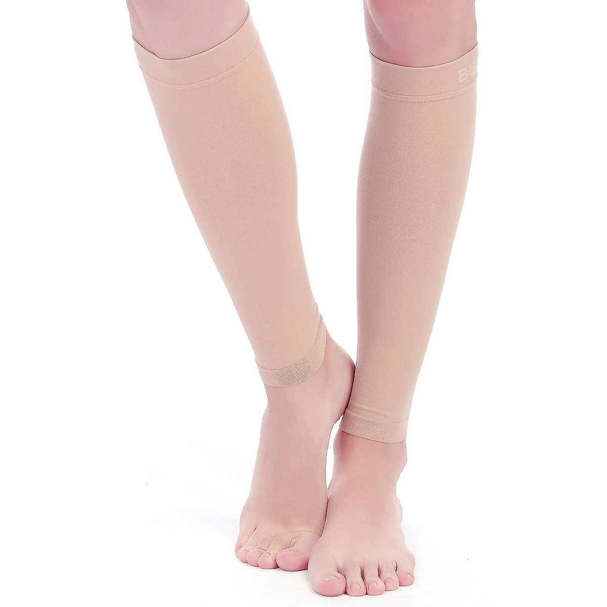 BSERA Calf Compression Sleeve Women, 2 Pairs 15-20mmHg Calf Support Footless Compression Socks Stockings for Shin Splints, Varicose Veins, Recovery (Nude/Skin, Large)