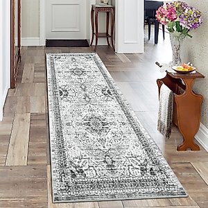 Haperlare Washable Runner Area Rug - 2x6 Vintage Soft Farmhouse Rug Ultra Thin Distressed Oriental Reto Indoor Floor Carpet Rug for Living Room, Bedroom, Dining Room and Home Office Grey