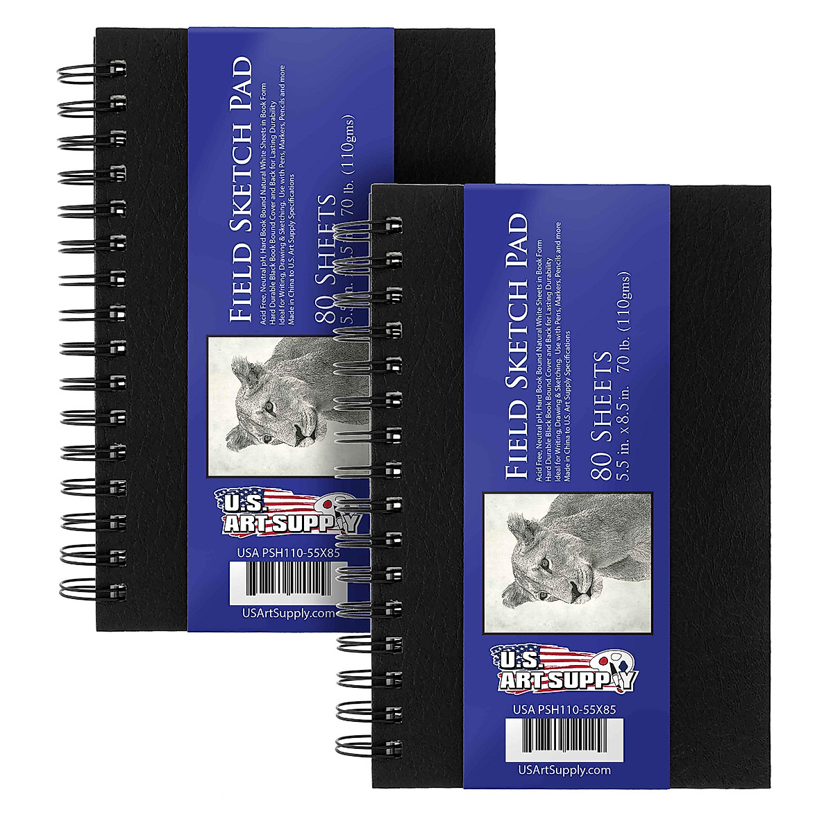 U.S. Art Supply 5.5" x 8.5" Premium Hardbound Sketch Book, Pack of 2, 80 Sheets Each, 70 lb (110gsm) - Hardcover Spiral Bound Artist Field Sketch Pad, Acid-Free Drawing Paper - Kids, Adults, Students