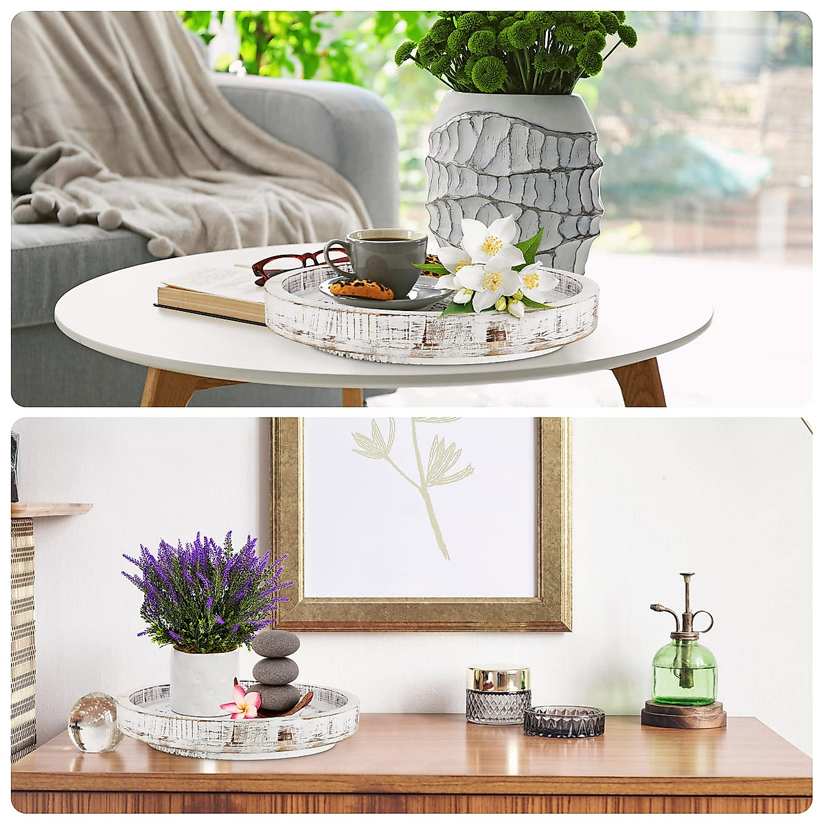 Wood Lazy Susan Turntable, 12 Inch Rustic White Wooden Lazy Susan Organizer for Cabinet, Farmhouse Distressed Round Turntable Tray for Kitchen Countertop Pantry, Dining Table Centerpiece