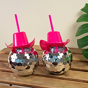 thepinkcow Hot Pink Cowboy Hat Disco Ball Cups, Glitter Shiny Cocktail Tumbler, Space Cowboy Cowgirl Birthday Bachelorette Western Themed Party Decorations Supplies, Rodeo Party Cups, Set of 8