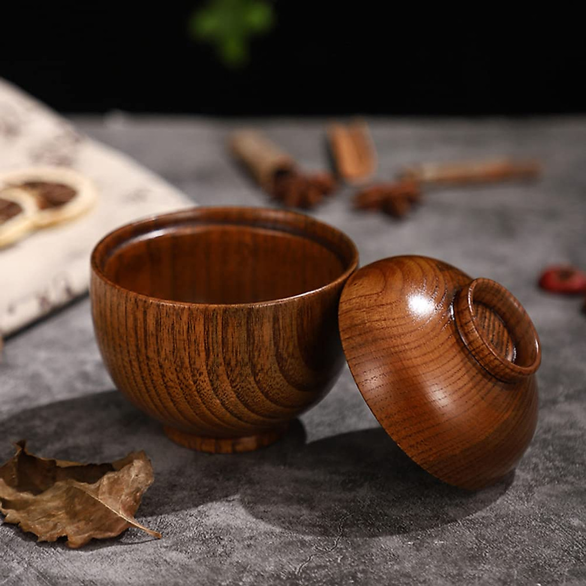 CALLARON Wood Bowl with Lid Traditional Japanese Style Noodle Rice Miso Soup Bowls Food Serving Bowl Soup Bowl Salad Bowl Rice Bowl