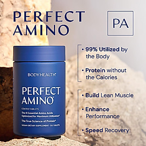 BodyHealth PerfectAmino (150 ct) Easy to Swallow Tablets, Essential Amino Acids Supplement with BCAAs, Vegan Protein for Pre/Post Workout & Muscle Recovery with Lysine, Tryptophan, Leucine, Methionine