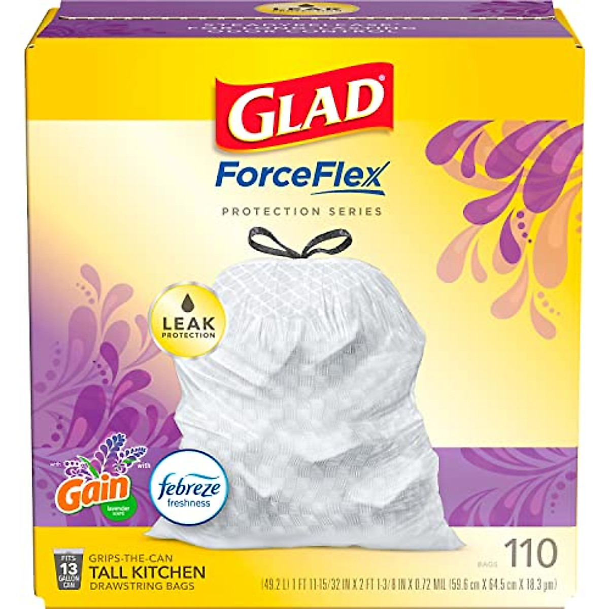 Glad ForceFlex Tall Kitchen Drawstring Trash Bags, 13 Gallon Trash Bag, Gain Lavender with Febreze Freshness, 110 Count