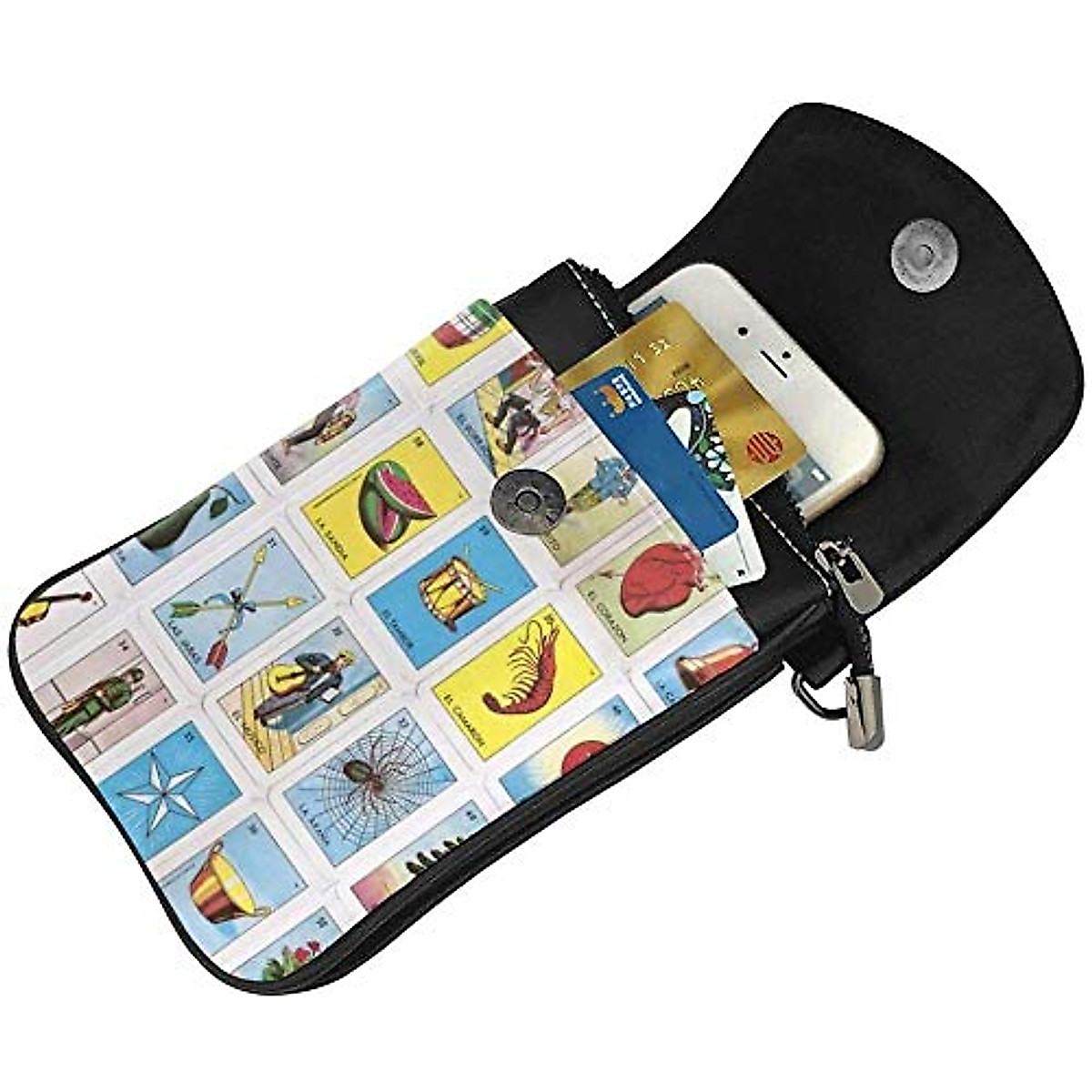 Loteria Card Pattern Women Soft PU Leather Cellphone Purse Wallet Handbag Small Crossbody Shoulder Bag