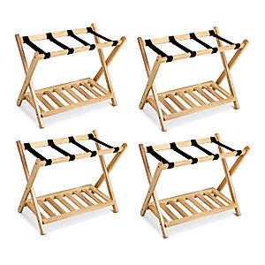 Babion Folding Luggage Racks with Shelf, Wooden Suitcase Stand, 2 Tier Foldable Luggage Racks with Heavy Duty Nylon Belts, Suitcase Bag Holder for Bedroom Guest Room, 4 Pack