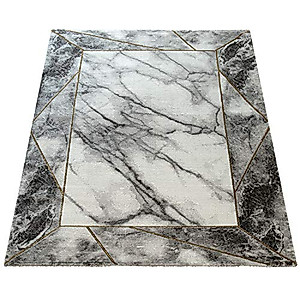 Living Room Rug Grey Gold 3-D Border Marble Pattern Robust, Size:3'11" x 5'7"