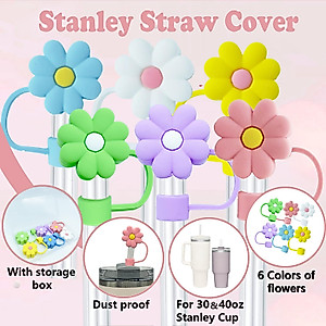 Hotanry Stanley Cup Straw Cover, 6 Pcs Straw Toppers for Stanley Cups 30&40 oz Cute 10mm Silicone Straw Cover Cap for Stanley Cup Simple Modern Yeti Tumbler Flower Straw Topper Reusable