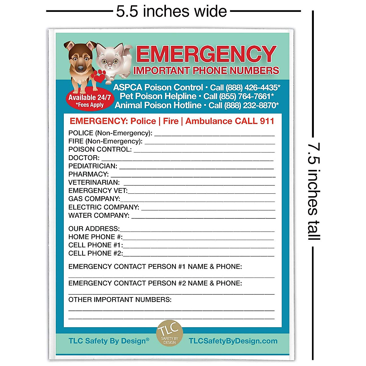 TLC Safety By Design Emergency Contact Fridge List in 5.5” x 7.5” Plastic Cover Magnetic Sleeve Refrigerator Safety Important Phone Call Numbers (Pet Medical ICE, 2 Cards and 1 Magnetic Sleeve)