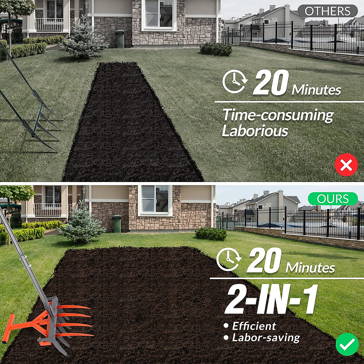 Walensee Broad Fork Tool Cultivator Tiller Manual Hand Tiller with 9 Steel Tines for Garden & Lawn 2-IN-1 Garden Twist Tiller for Regularly Digging and Crushing Soil, Pitchfork Boradfork Tool For Farm