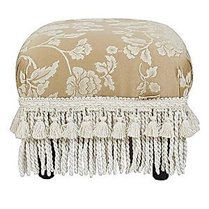Jennifer Taylor Home Fiona Accent Footstool Ottoman, Champagne Beige Floral Jacquard with Ivory Trim