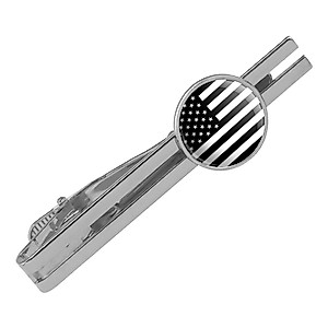 Subdued American USA Flag Black White Military Tactical Round Tie Bar Clip Clasp Tack Silver Color Plated