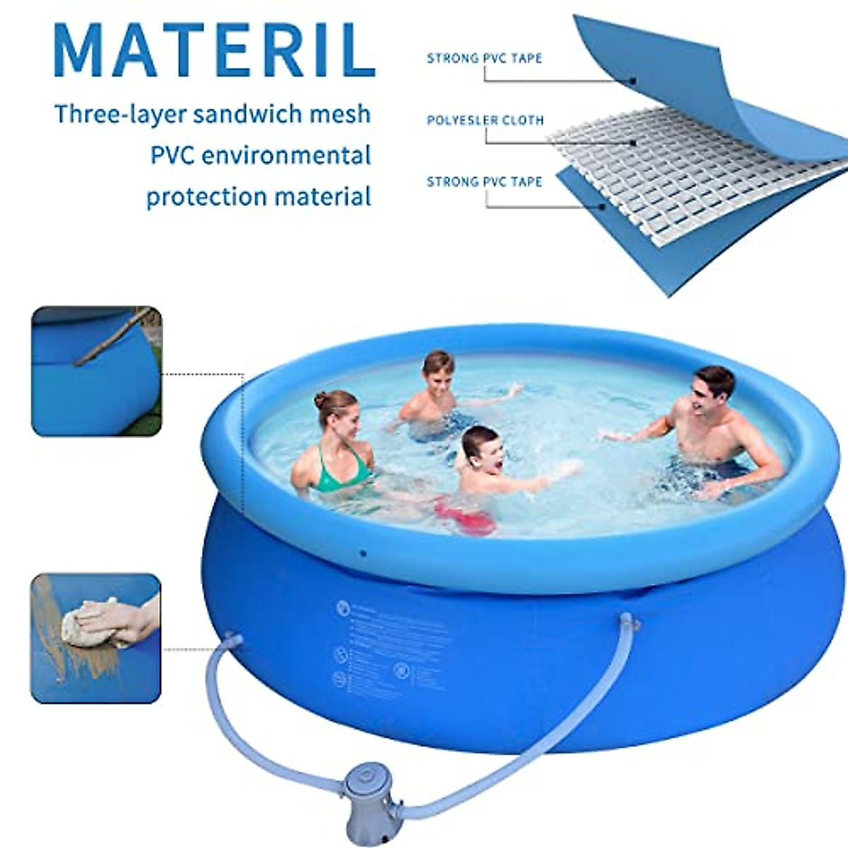 Inflatable Swimming Pool for Family with Filter Pump, Air Pump, 10 FT ...