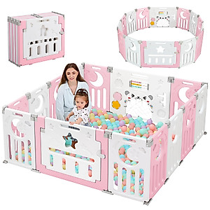 Dripex Baby Playpen, Foldable Playpen for Babies and Toddlers, Adjustable Shape Baby Fence, Safety Play Yard with Gate, Portable Play Area for Indoor or Outdoor (Pink+White,14 Panel)