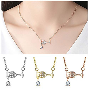 FILOL Women's Fashion Necklace Ladies Crystal Water Drop Wine Glass Pendant Necklace Charms Jewelry Gift (D)