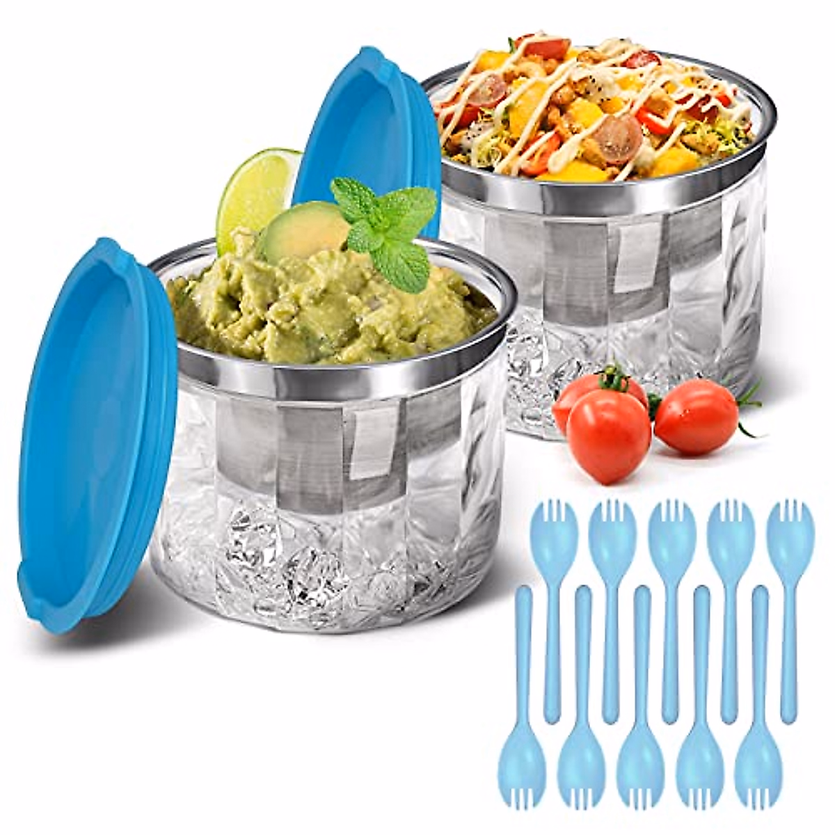 INNOVATIVE LIFE Ice Chilled Dip Bowl 2Pack, 25oz Stainless Steel Serving Bowl with Acrylic Base, Iced Salad Bowl for Fruit, Sauces, Dressing