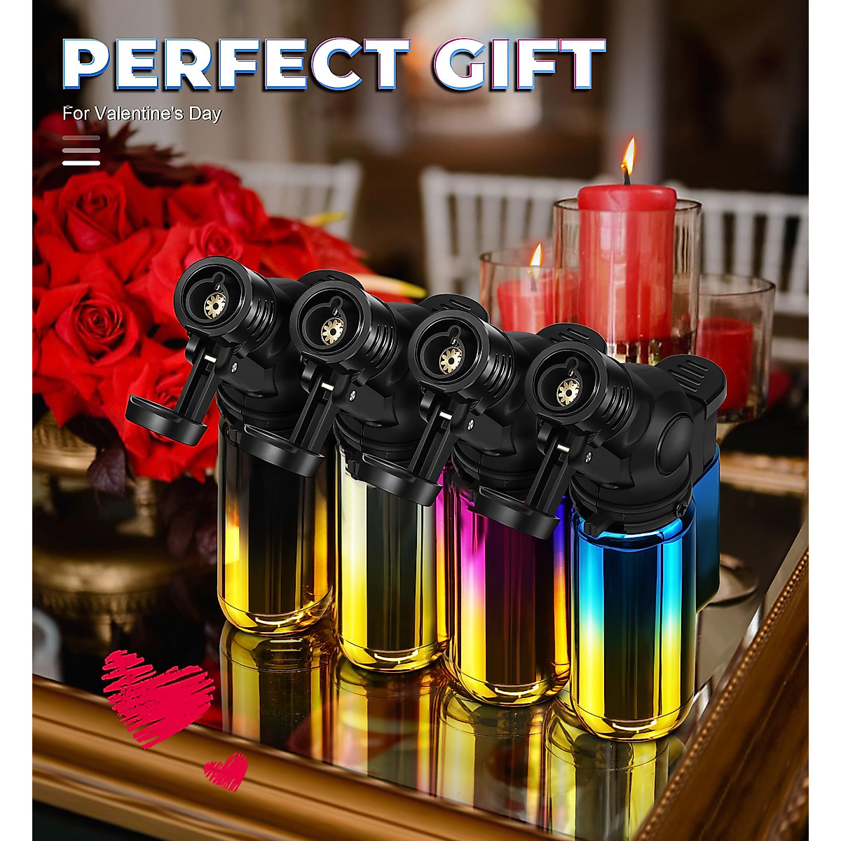 SAMNIU Pack of 4 Torch Lighter, Mini Jet Flame Butane Lighters, Multi-Purpose, 45° Rotatable for Campfires, Candle, Fireplaces, Christmas Party Favors (Gas not Included)