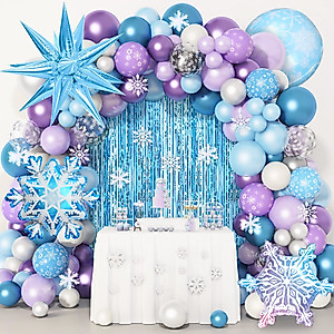 Amandir 162PCS Snow Birthday Party Supplies, Snow Balloon Garland Arch Kit Fringe Curtain Blue Purple Snowflake Foil Balloons Princess Winter Wonderland Girl Baby Froze Party Decorations