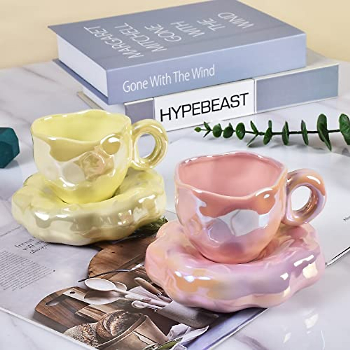 Koythin Ceramic Coffee Mug, Creative Cute Cream Sheen Cup with Sunflower Coaster for Office and Home, 6.5 oz/200 ml for Tea Latte Milk (Cream Pink)