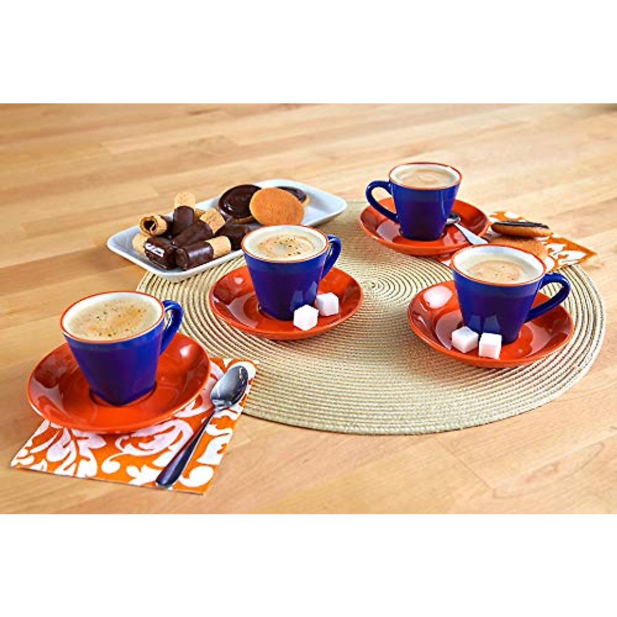 IMUSA USA Blue, 8 Piece 3oz Colorful Espresso Cups with Saucers, Orange