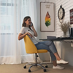 Home Office Desk Chair, Vanity Chair, Modern Adjustable Low Back Rolling Chair, Twill Upholstered Cute Office Chair, Desk Chairs with Wheels for Bedroom, Classroom, Vanity Room (Yellow)