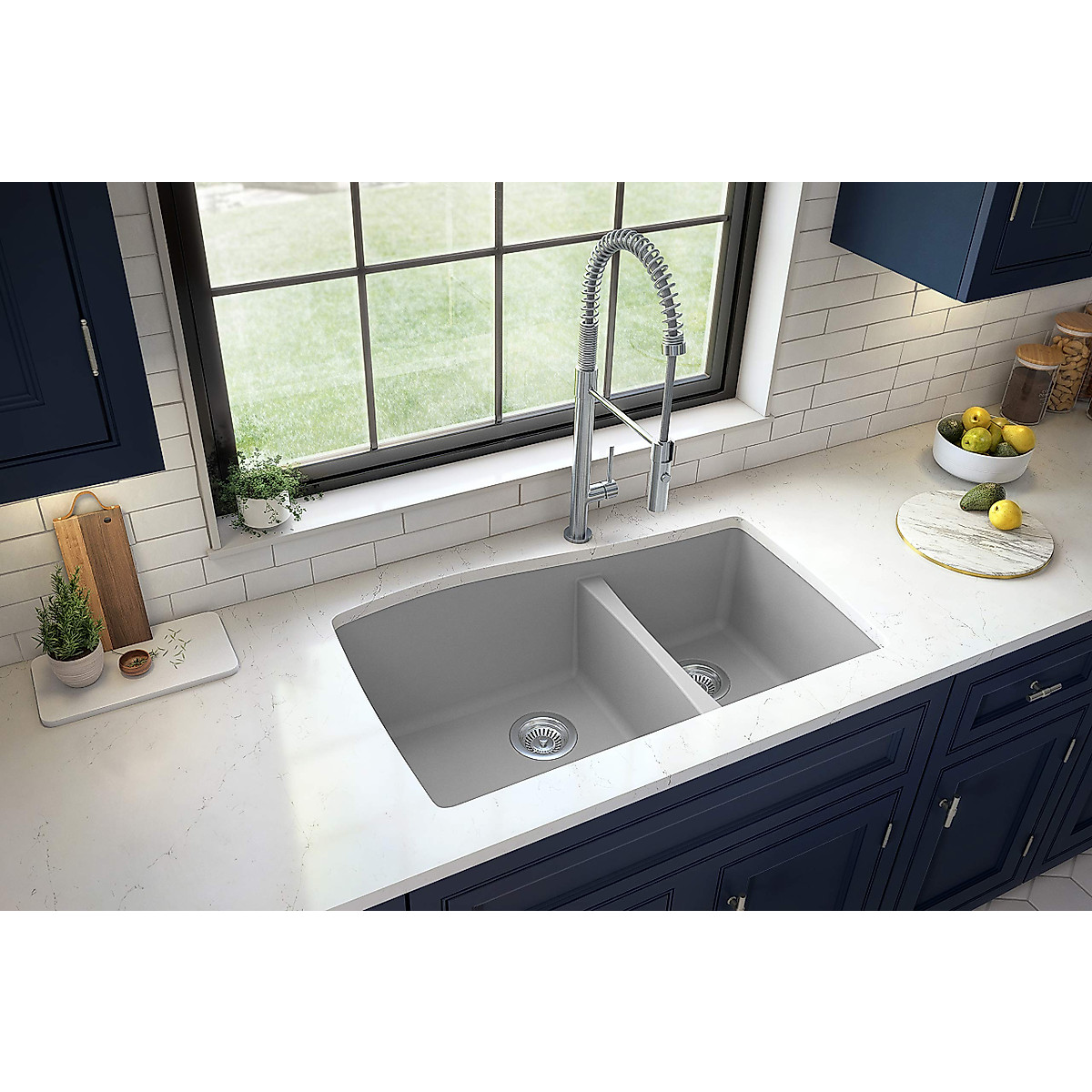 Karran QU-721 Undermount Quartz Composite 33 in. 60/40 Double Bowl Kitchen Sink with Bottom Grids and Strainers in Grey